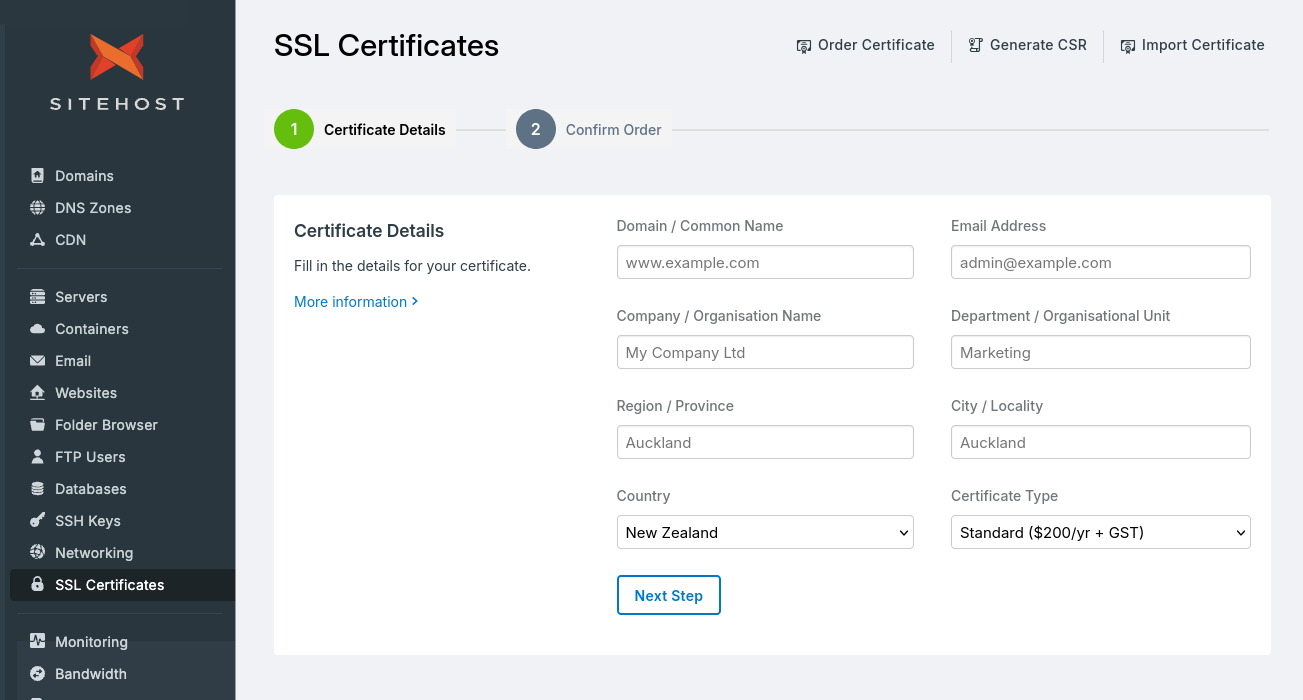 Custom SSL Certificates in the SiteHost Control Panel – SiteHost
